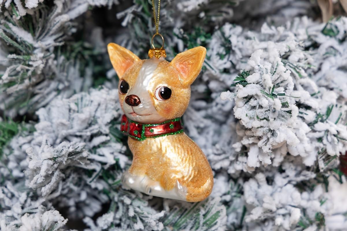 2 Pack Hand Blown Glass Chihuahua Ornament, Hand Painted